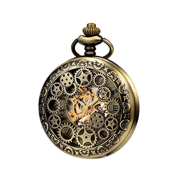 8541780932 TREEWETO Mens Womens Mechanical Skeleton Pocket Watch Bronze Gear Hollow Case Steampunk Fob Watches with Chai...