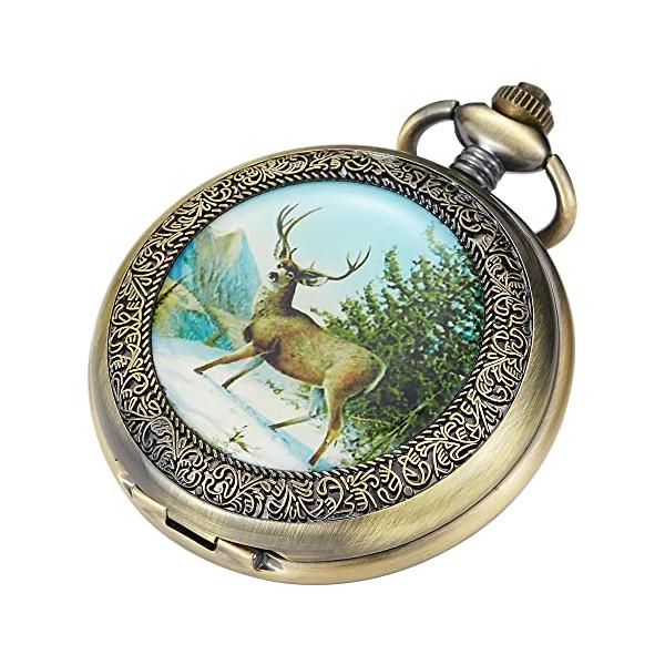 PJX1087 Luxury Two Sub-dials Mechanical Pocket Watch Hand Winding Bronze Alloy Skeleton Back with Chain Retro Roman Nume...