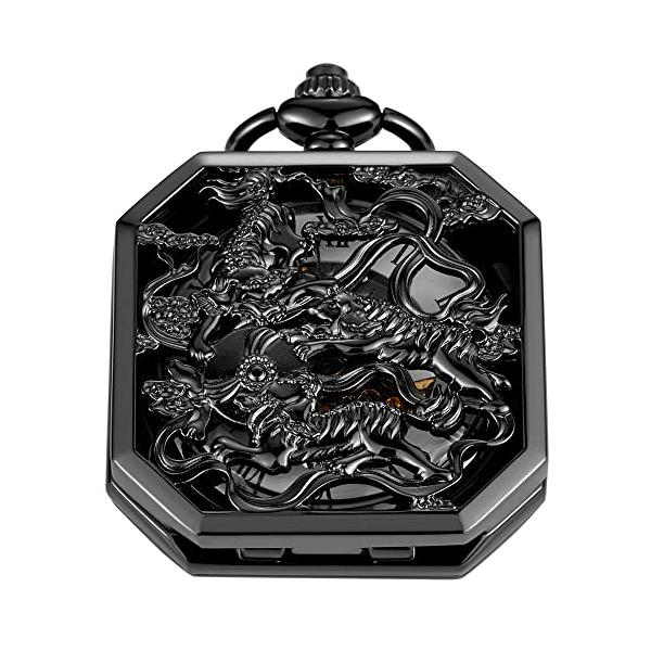 MW126-US Whodoit Square Mechanical Pocket Watch Men's Black Kirin Fighting Tiger Animal Pendant with Chain Mechanical Po...