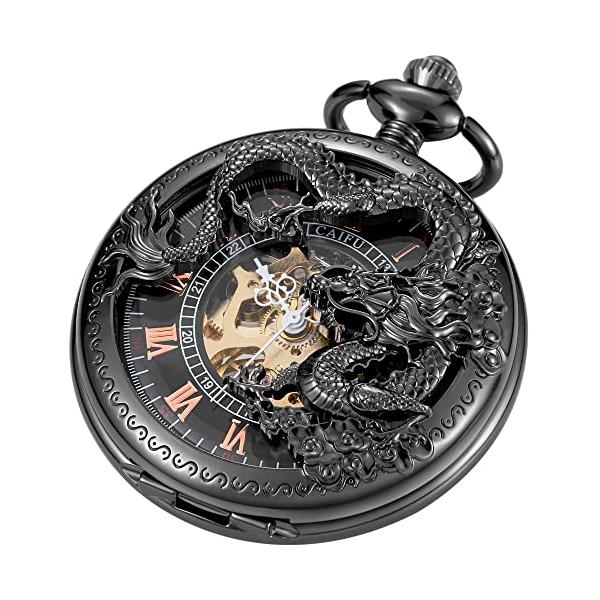 PJX1346-black Alwesam Men's Mechanical Black Dragon Design Hand Wind Pocket Watch Roman Numerals Steampunk with Chain Bo...