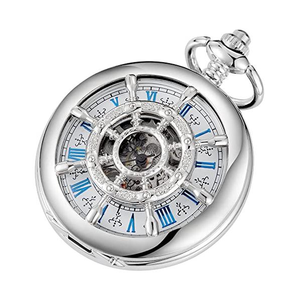 PJX1463-silver Alwesam Men's Mechanical Rudder Design Hand Wind Pocket Watch Roman Numerals Steampunk with Chain Box海外限定...