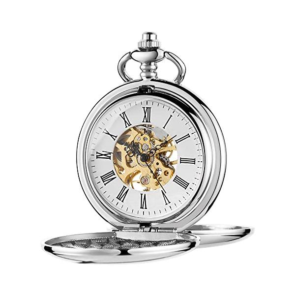 MW112 Whodoit Mens Silver Double Open Pocket Watch Hunter Mechanical Pocket Watches Engraved Roman Numeral Dial Mechanic...