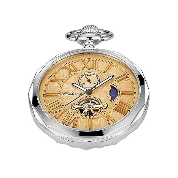MW114 Whodoit Classic Gold Capless Men's Mechanical Pocket Watch, Smooth Capless Moon Phase Roman Numeral Pointer Mechan...