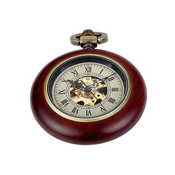 MW116 Whodoit Men's Small Model Red Brown Mechanical Pocket Watch, Capless Smooth Roman Numerals Men's Mechanical Pocket...