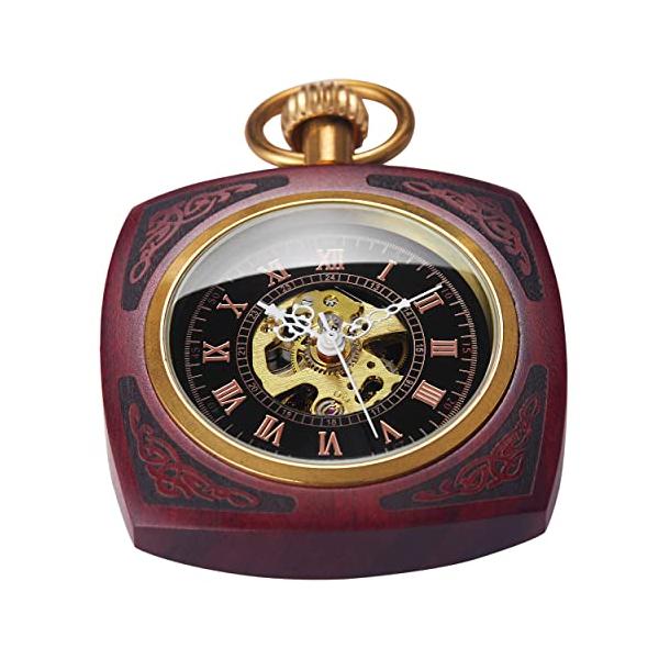 W341 Square Engraved Real Wood Mechanical Pocket Watch Hand Winding Vintage Pendant Watches海外限定品を迅速輸入！5〜15営業日にて発送します。商品名...