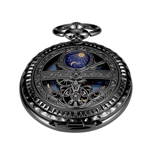 MW125-US Whodoit Black Roman Numeral Dial Mens Mechanical Moon Phase Design, Moon Sun Pattern Skeleton Mechanical Pocket...