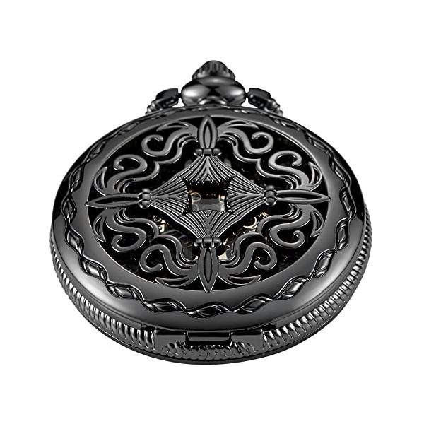 MW129-US Whodoit Vintage Round Black Men's Mechanical Pocket Watch Hollow Engraved Steampunk Skeleton Mechanical Pocket ...