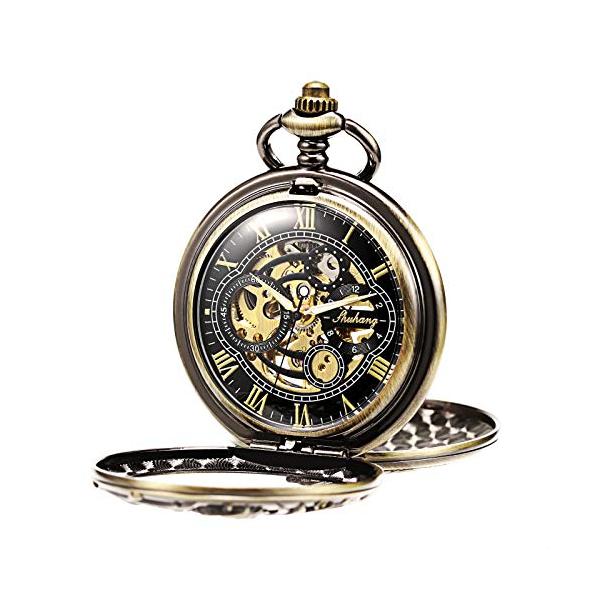 HB130-USTW TREEWETO Mens Mechanical Pocket Watch Antique Dream Dragon Skeleton Bronze Double Open Case Gift for Men Wome...