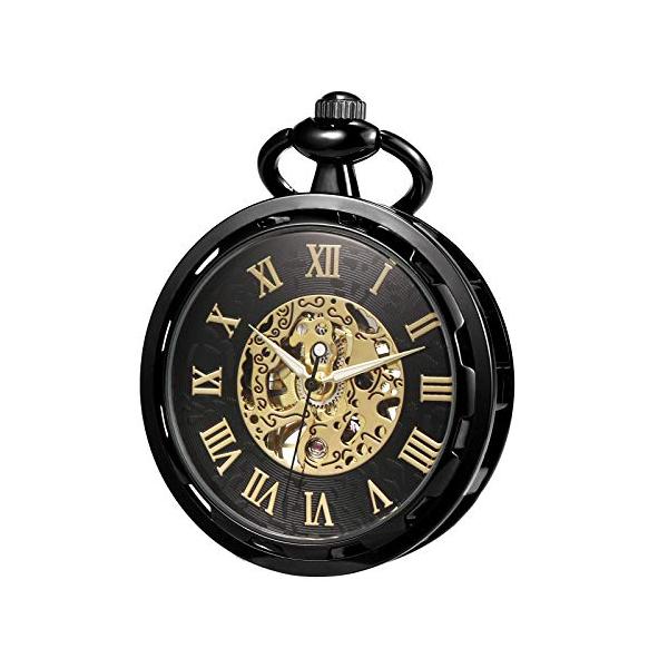 HB128-USTW TREEWETO Steampunk Transparent Open Face Pocket Watch for Men Women Skeleton Dial Antique with Chain + Box海外限...