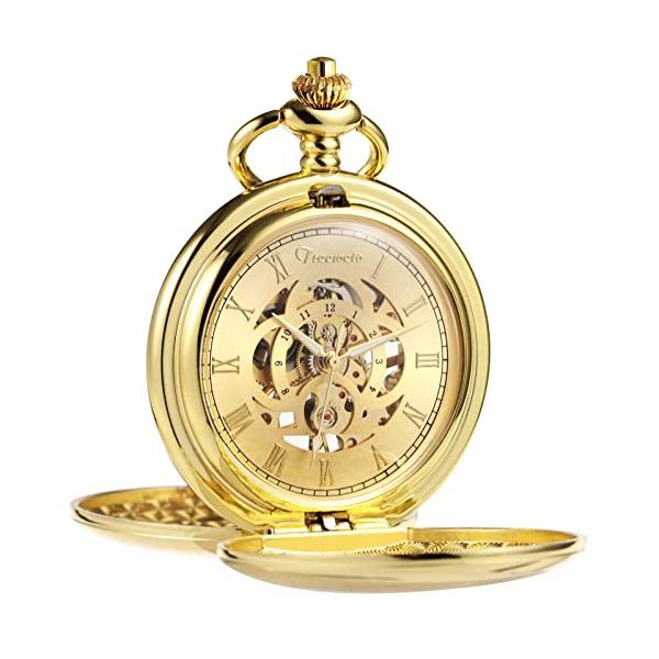 HB151-USTW TREEWETO Men's Mechanical Pocket Watch Vintage Steampunk Bronze Gold Tone Smooth Double Case Roman Numerals F...