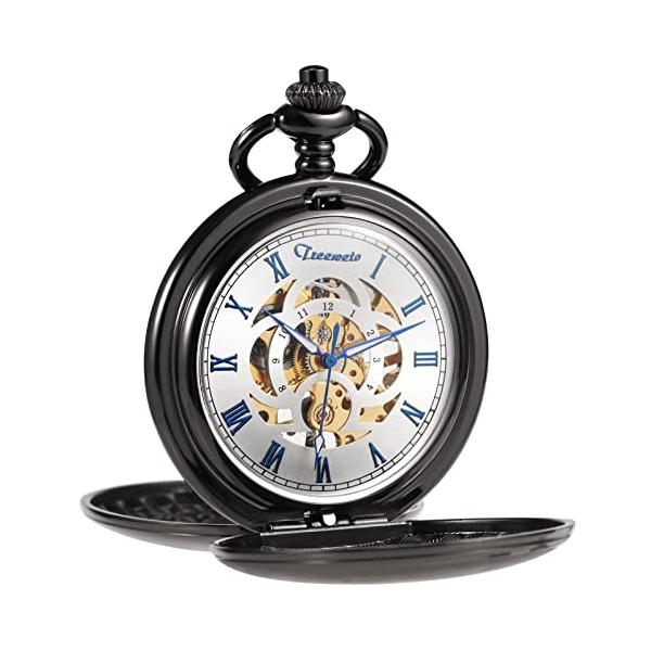 HB149-USTW TREEWETO Men's Mechanical Pocket Watch Vintage Steampunk Black Smooth Double Case Blue Roman Numerals Fob Wat...
