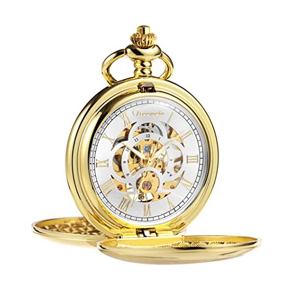 HB190-USTW TREEWETO Men's Pocket Watch Retro Smooth Classic Mechanical Hand-Wind Gold Pocket Watches Steampunk Roman Num...