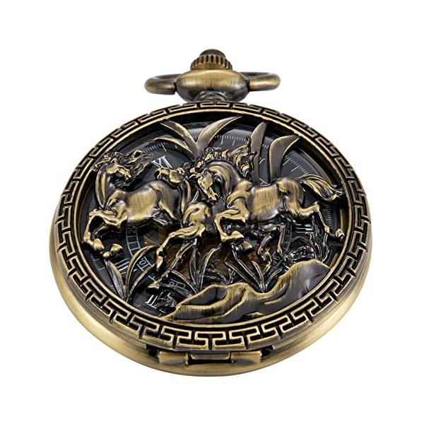 MW131 Whodoit Bronze Hollow Horse Design Mechanical Pocket Watch Men's Unique FOB Chain Roman Dial Steam Punk Bronze Ske...