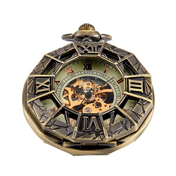MW132 Whodoit Retro Flat Round Bronze Roman Numeral Dial Men's Pocket Watch Mechanical Cool Design, FOB Chain Bronze Mec...