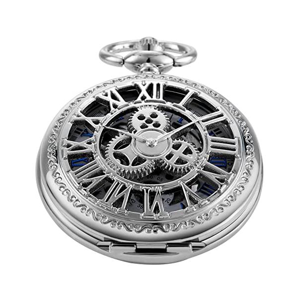 MW133 Whodoit Hollow Round Silver Roman Numeral Cover Men's Mechanica Pocket Watch Cool Design, FOB Chain Single Open Ca...