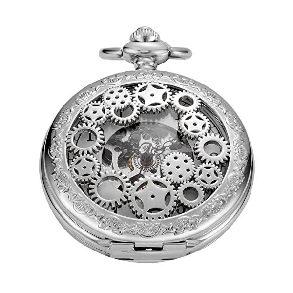 MW134 Whodoit Double Open Silver Gear and Star Men's Mechanica Pocket Watch Cool Design, FOB Chain Double Open Case Desi...