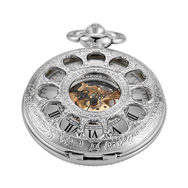 MW135 Whodoit Hollow Circle Silver Men's Mechanica Pocket Watch Design, FOB Chain Single Open Case Design Mechanical Poc...