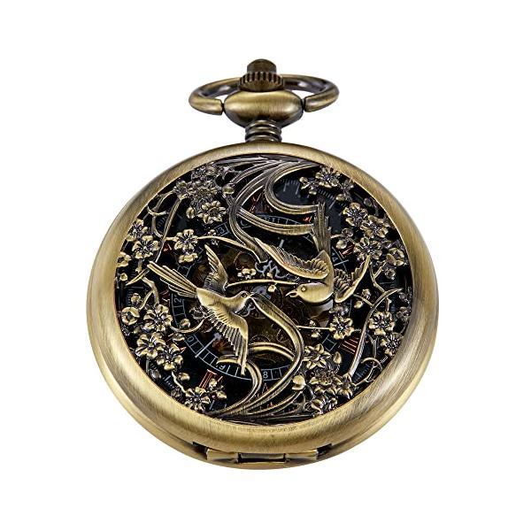 MW137 Whodoit Bronze Two Swallows Hollow Out Design Mechanical Pocket Watch, Men's FOB Chain Roman Digital Steampunk Mec...