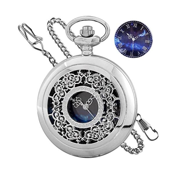 CF2024 Tiong Blue Star Pocket Watch Hollow Cloud Moon Pattern Design Roman Numerals Quartz with Chain Christmas Birthday...