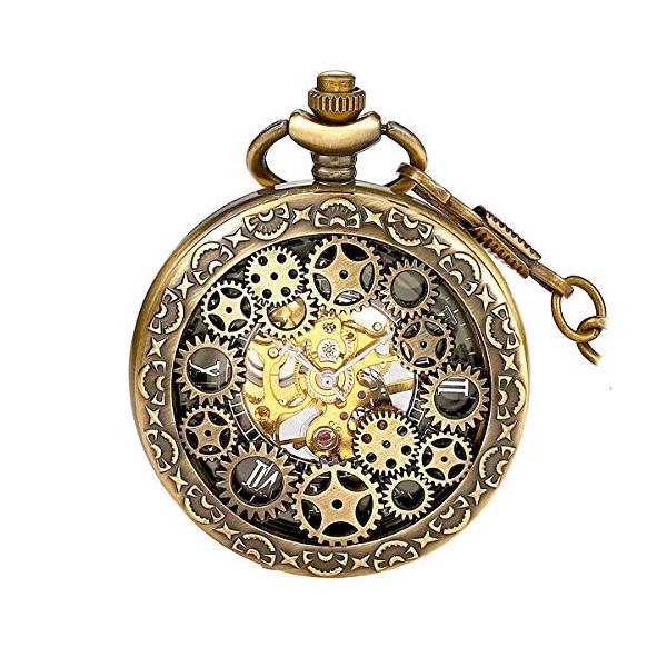 CL-0429-JXG BOSHIYA Mechanical Pocket Watch Luminous Steampunk Vintage Pocket Watch/with Chains/Hand Wind Up/Black Skele...