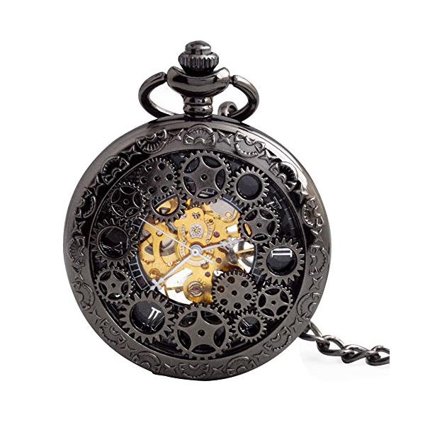 CL-0429-JXH BOSHIYA Mechanical Pocket Watch Luminous Steampunk Vintage Pocket Watch/with Chains/Hand Wind Up/Black Skele...
