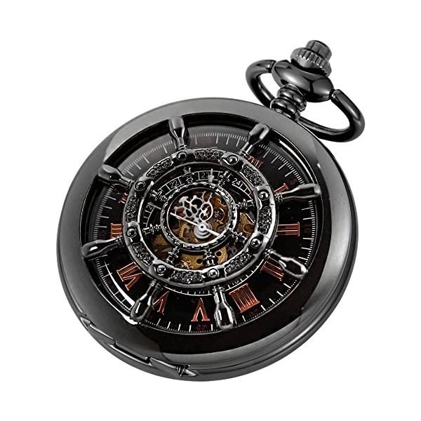 PJX1463-black Alwesam Black Rudder Design Mechanical Pocket Watch Hand Wind Roman Numerals Men Steampunk with Chain Box海...