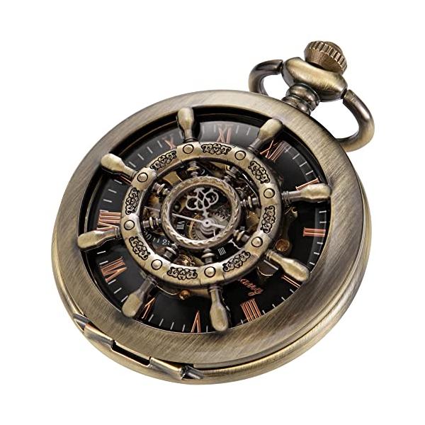 PJX1463-bronze Alwesam Rudder Design Mechanical Pocket Watch Hand Wind Roman Numerals Men Steampunk with Chain Box海外限定品を...