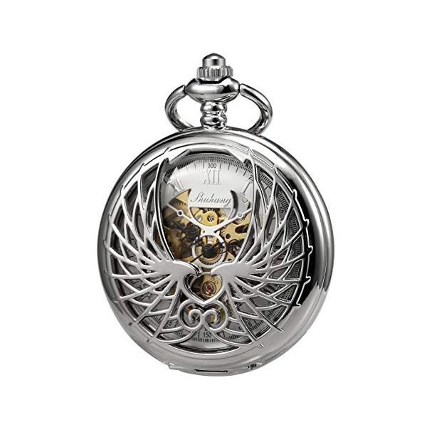 HB121-USTW TREEWETO Men's Women's Pocket Watch Mechanical Skeleton Eagle Wings Double Hollow Case Roman Numeral with Cha...