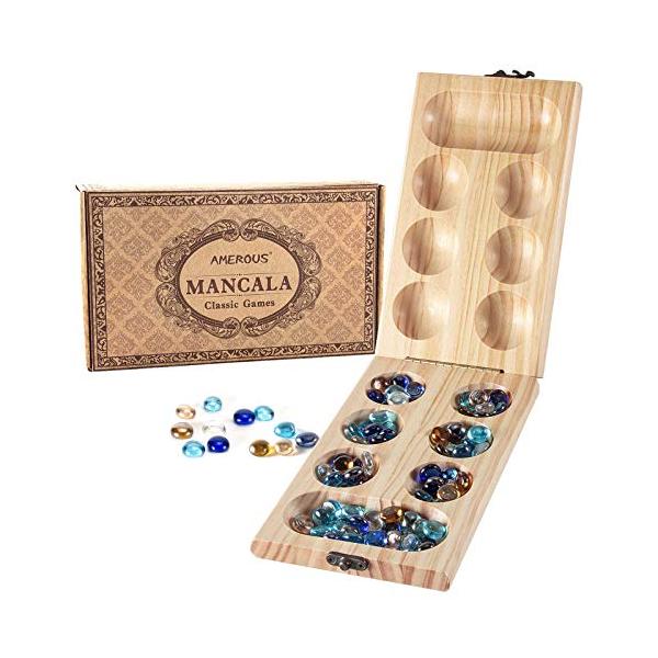 ボードゲーム 英語 アメリカ 海外ゲーム  AMEROUS Wooden Mancala Board Game Set - Folding Board - Multi Color Glass Stones - Gift Package - ...