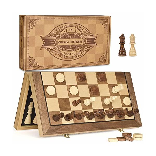ボードゲーム 英語 アメリカ 海外ゲーム  AMEROUS 15'' Magnetic Wooden Chess &amp; Checkers Game Set -2 Extra Queens -24 Cherkers Pieces - C...