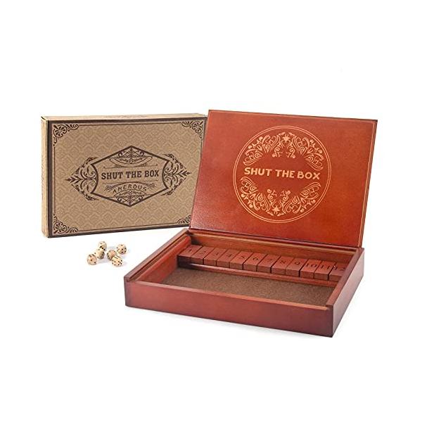 ボードゲーム 英語 アメリカ 海外ゲーム 19134 AMEROUS Shut The Box Dice Game，Wooden Board Table Math Game with Lid - 6 Dice - Gift Package ...