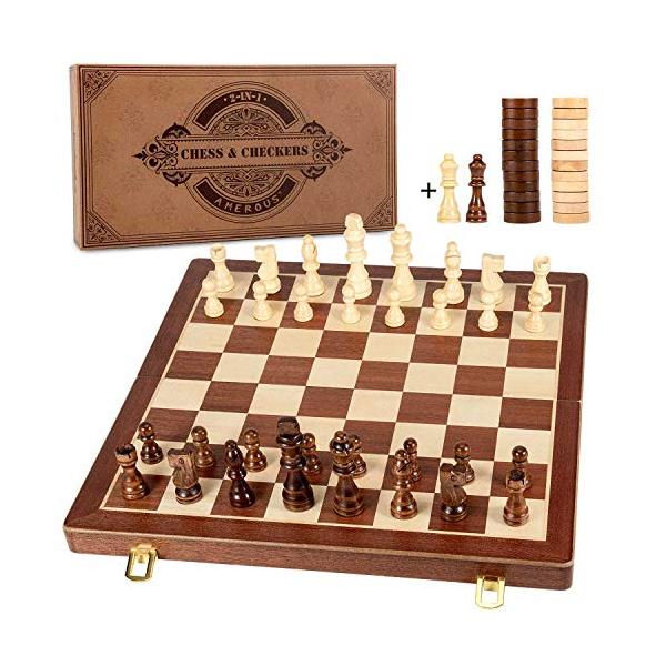 ボードゲーム 英語 アメリカ 海外ゲーム  AMEROUS 15 Inches Magnetic Wooden Chess &amp; Checkers Set (2 in 1) - Folding Board -Gift Box Pack...