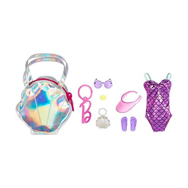 バービー バービー人形 HJT43 Barbie Clothes Set, Beach-Themed with Swimsuit, 5 Acessories &amp; Zippered Doll-Sized Shell-Shaped Ba...