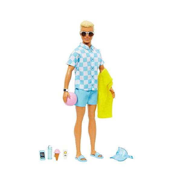 バービー バービー人形 HPL74 Barbie Blonde Ken Doll with Blue Button Down and Swim Trunks, Visor, Towel and Beach-Themed Accessorie...