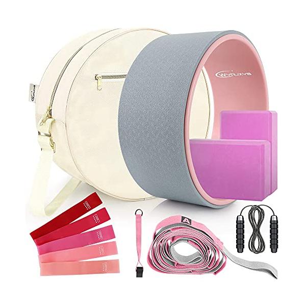 ヨガブロック フィットネス  Yoga Wheel Set (11-in-1), Back Roller Wheel &amp; Blocks 2 Pack with Strap for Back Pain, Resistance Band...