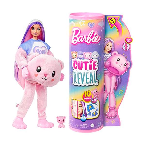 バービー バービー人形 HKR04 Barbie Cutie Reveal Doll with Pink Hair &amp; Teddy Bear Costume, 10 Suprises Include Accessories &amp...