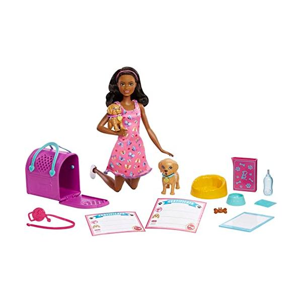 バービー バービー人形 HKD87 Barbie Pup Adoption Playset with Brunette Fashion Doll in Pink Dress, 2 Pets, Carrier &amp; 10 Accesso...