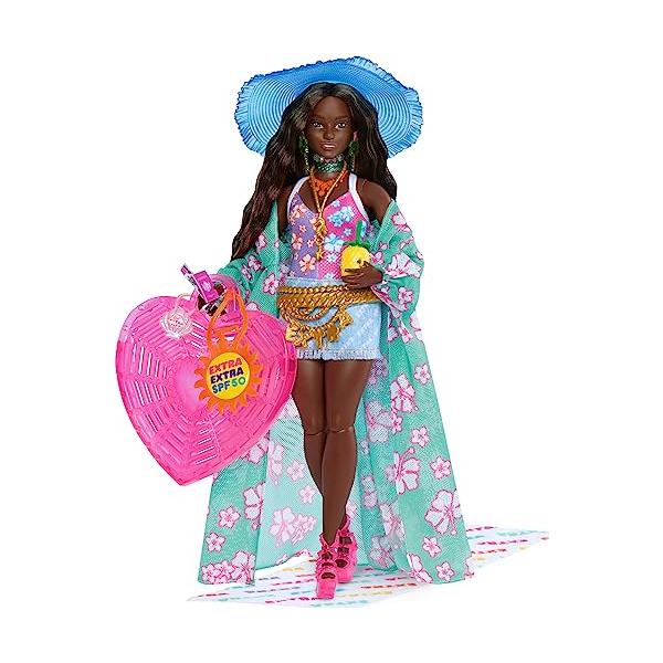 バービー バービー人形 HPB14 Barbie Extra Fly Doll with Beach-Themed Travel Clothes &amp; Accessories, Tropical Coverup with Oversi...