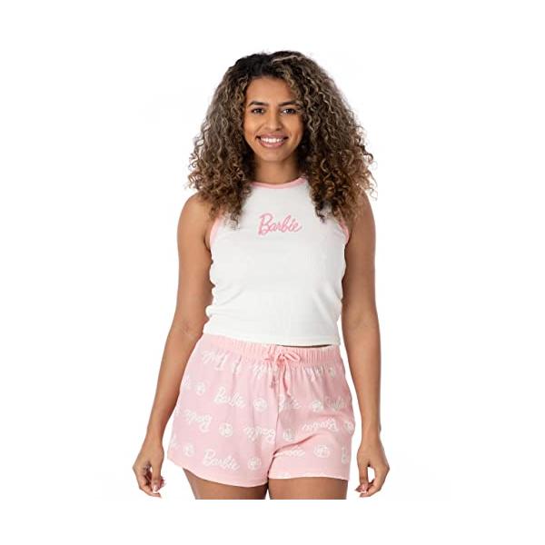 バービー バービー人形  Barbie Ladies Pajama Set | Womens Ribbed White Vest &amp; Pink All Over Print Elasticated Shorts | Fashion ...