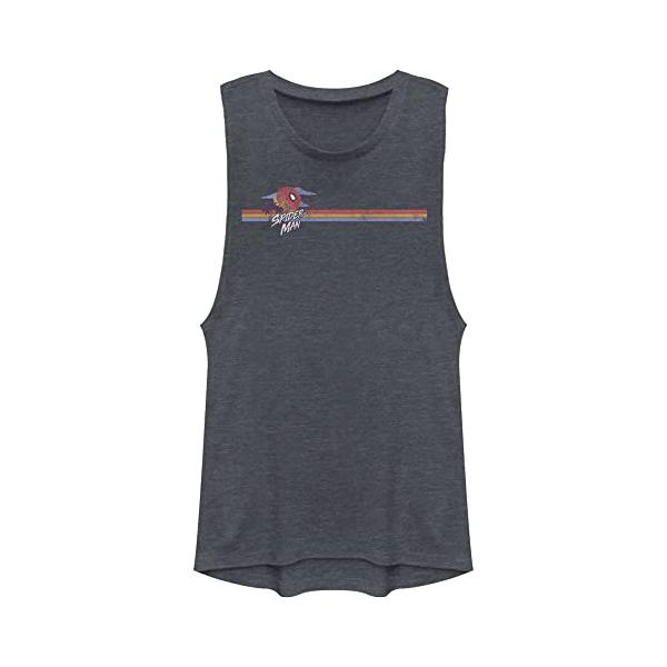 Tシャツ キャラクター ファッション トップス 海外モデル MARV3982-60110015 Marvel Classic Spiderman Stripe Chest HIT Women's Muscle Tank, Denim Blu...