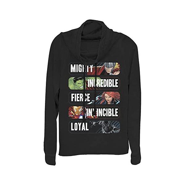 Tシャツ キャラクター ファッション トップス 海外モデル MARV1970-60046014 Marvel Classic Char Adjectives Women's Cowl Neck Long Sleeve Knit Top, B...