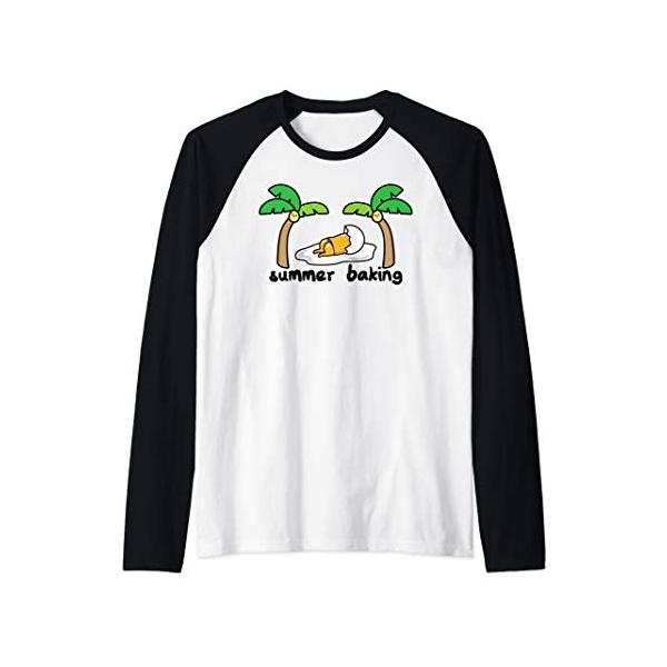 Tシャツ キャラクター ファッション トップス 海外モデル  Gudetama Summer Baking Sunbathing Tanning Palm Trees Raglan Baseball Tee海外限定品を迅速輸入！5〜15営業...