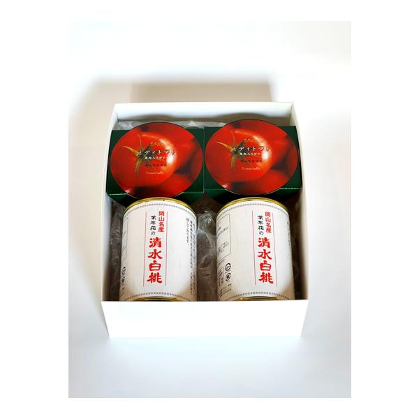 ・清水白桃缶詰形状は二つ割り、内容総量425g（固形量250g）清水白桃缶に使用している清水白桃は、岡山県の白桃の中で1番人気のある品種です。萬果荘の清水白桃は大きい桃二つ割を使用しています。・ミディトマトゼリー岡山県産のミディトマトがまる...