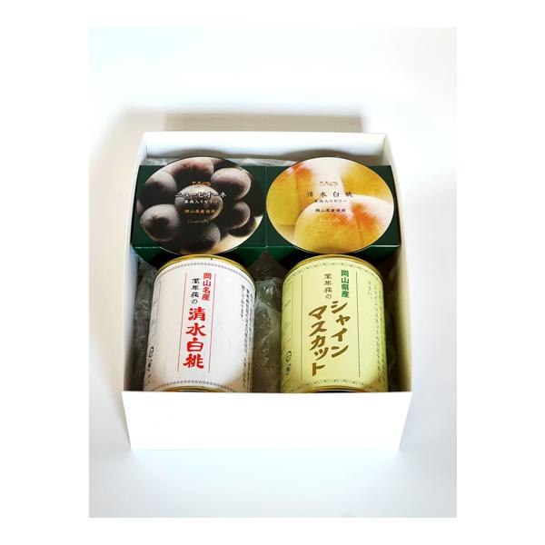 ・清水白桃缶詰形状は二つ割り、内容総量425g（固形量250g）清水白桃缶に使用している清水白桃は、岡山県の白桃の中で1番人気のある品種です。萬果荘の清水白桃は大きい桃二つ割を使用しています。・シャインマスカット缶詰形状はホール状、内容総量...