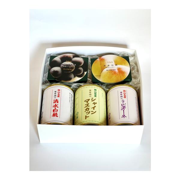 ・清水白桃缶詰形状は二つ割り、内容総量425g（固形量250g）清水白桃缶に使用している清水白桃は、岡山県の白桃の中で1番人気のある品種です。萬果荘の清水白桃は大きい桃二つ割を使用しています。・シャインマスカット缶詰形状はホール状、内容総量...