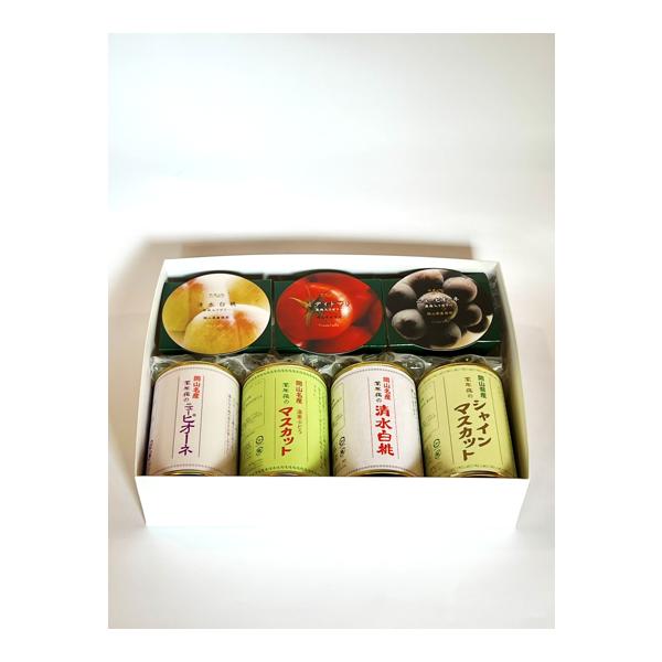 ・清水白桃缶詰形状は二つ割り、内容総量425g（固形量250g）清水白桃缶に使用している清水白桃は、岡山県の白桃の中で1番人気のある品種です。萬果荘の清水白桃は大きい桃二つ割を使用しています。・シャインマスカット缶詰形状はホール状、内容総量...