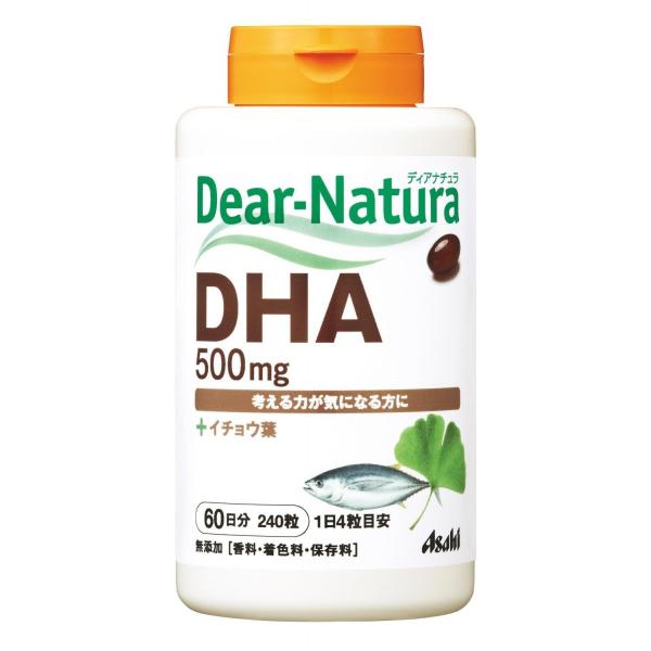 DHA with イチョウ葉　原材料DHA含有精製魚油、酵母エキス、イチョウ葉エキス末／ゼラチン、グリセリン、ミツロウ、乳化剤、酸化防止剤（ビタミンE）