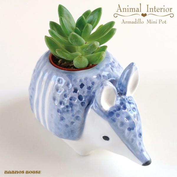 かわいいアルマジロをモチーフにしたテーブルサイズのミニポット※植物は付属しておりませんサイズ：幅13×奥行7×高さ8cm口径：φ3.5cm深さ：5.5cm材質：陶磁器送料は基本無料となりますが、お届けの地域によっては別途費用がかかる場合がご...