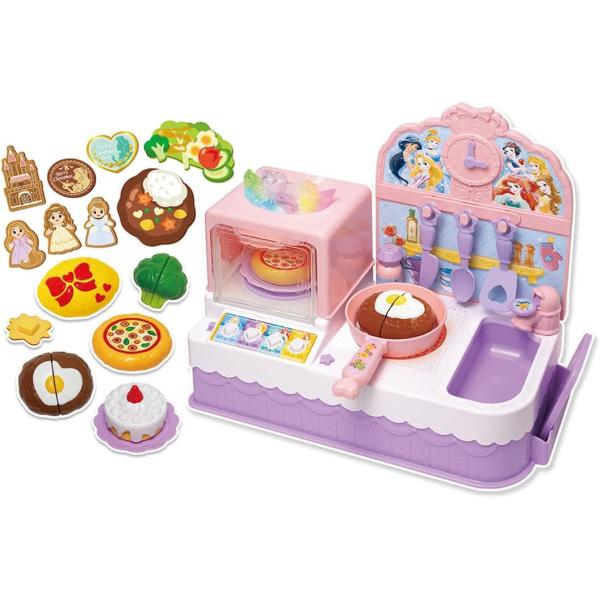 メロディにあわせてティアラが光ってオーブンのターンテーブルが回る！ ティアラは７色に光り、楽しいメロディが７曲、プリンセスのおしゃべりも素敵、 本物みたいに音がなるコンロと蛇口もついています。 ディズニープリンセスと一緒にキラキラなクッキン...