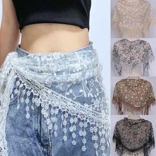 Fashion Lace Tassel Sheer Triangle Scarf Women Hollow Out Floral Scarves ShawlsFeature: